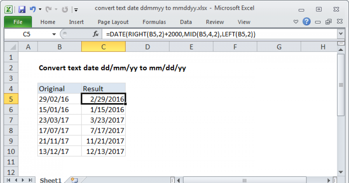 Convert Text Date Dd mm yy To Mm dd yy Excel Formula Exceljet